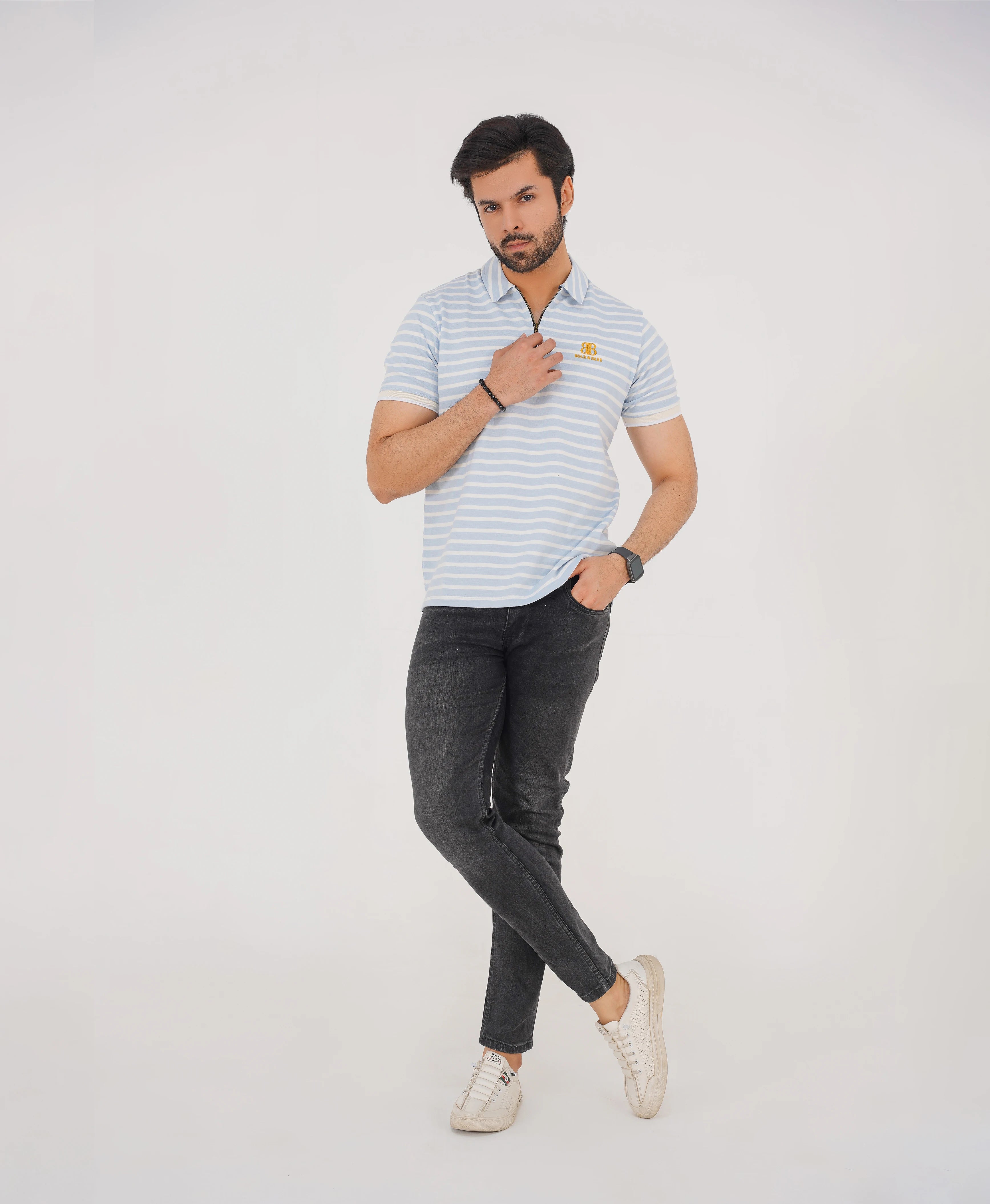 Ice Blue Striped Golf Zip Polo – Limited Edition